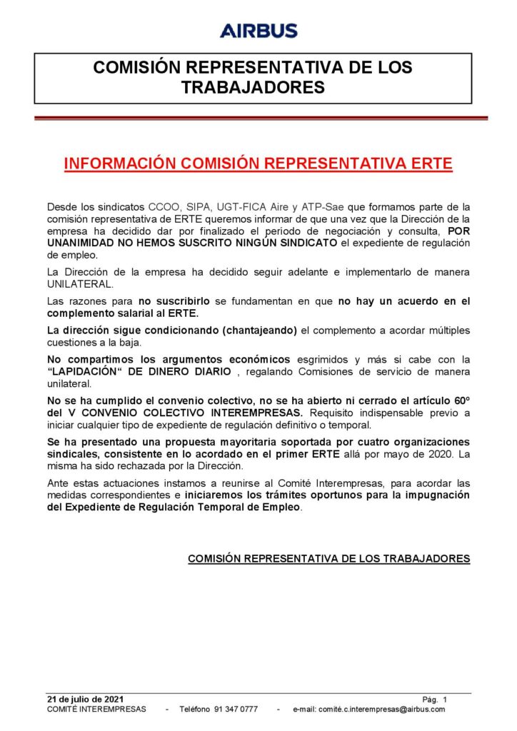 Información Comisión representativa ERTE. - Airbus