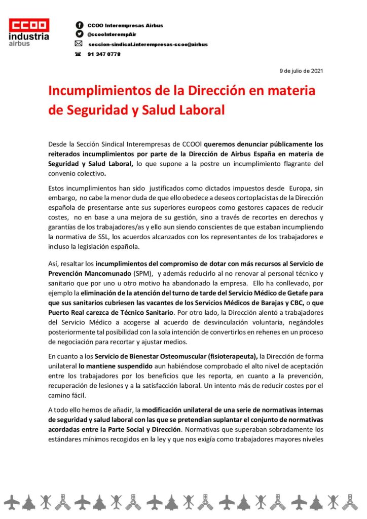 Incumplimientos de la Dirección en materia de seguridad y salud laboral ...