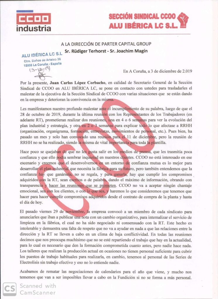 Comunicado de la Sección Sindical - Alu Iberica