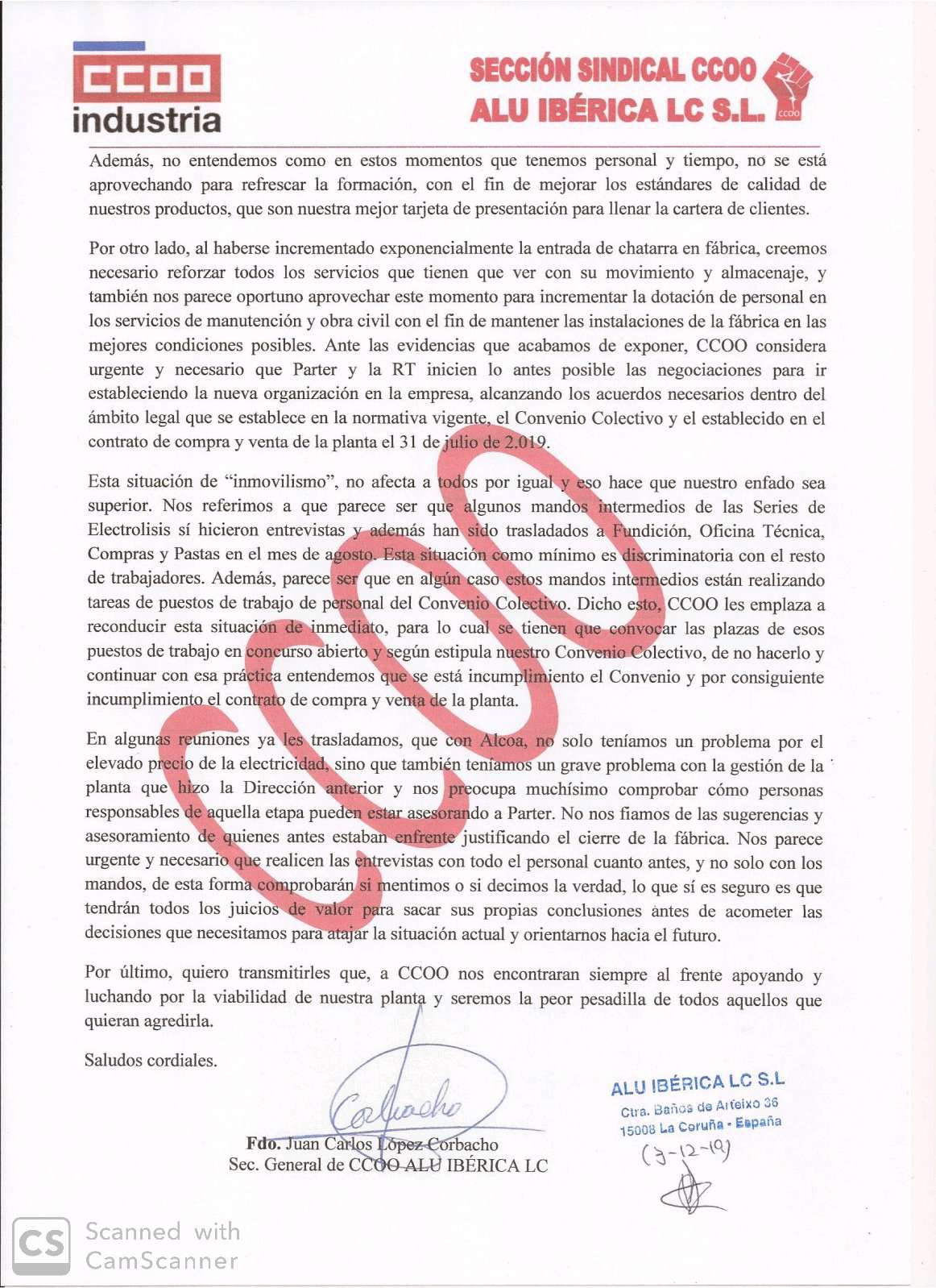 Comunicado de la Sección Sindical - Alu Iberica